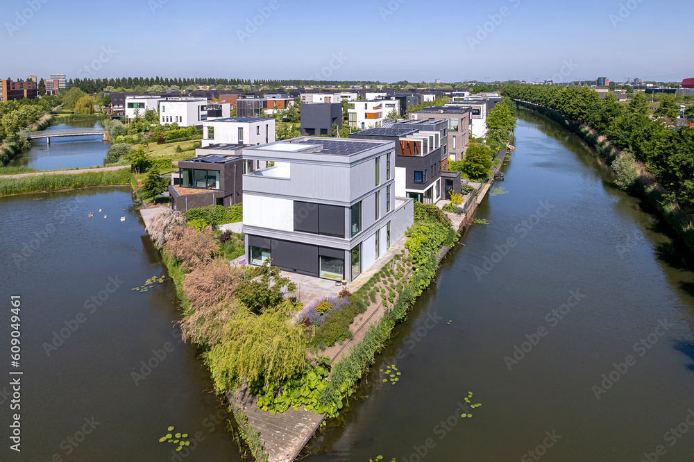 Aerial of modern contemporary housing in residential neighbourhood ...