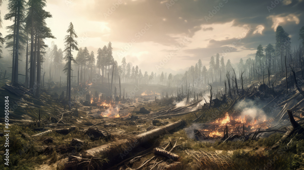 Deforestation of a primary forest by fire and logging. Environmental ...