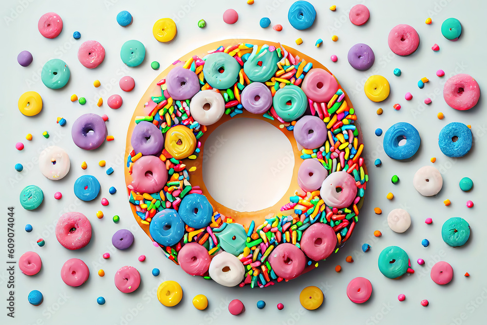 Flat lay view of many Frosted donuts with candy sprinkles arranged in a ...