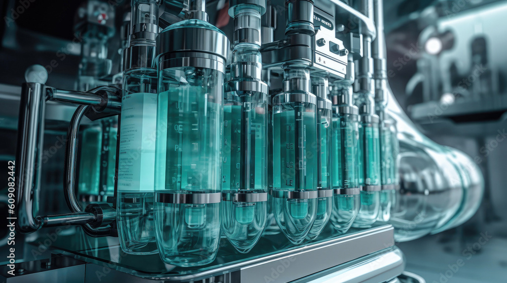 Pharmaceutical manufacture background with glass bottles with clear ...