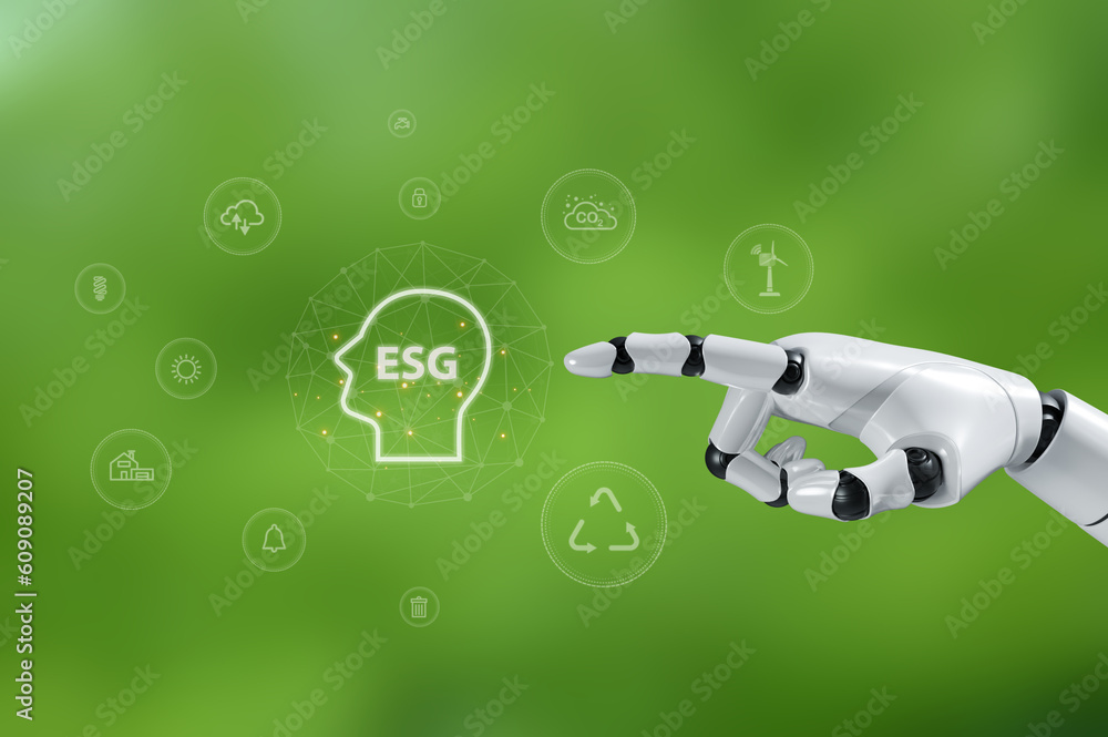 globe and tree in robot hand with environment icons green technology ...
