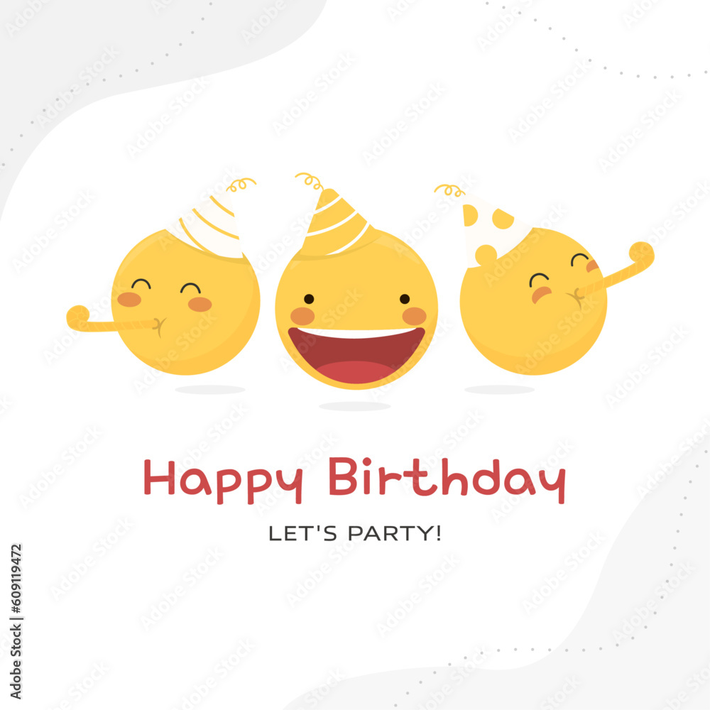Birthday greeting card with text and cute partying emoticons. Smile ...