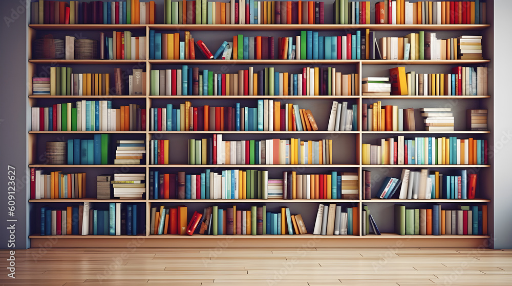 colorful books on a full wall bookshelf, backdrop for educational ...