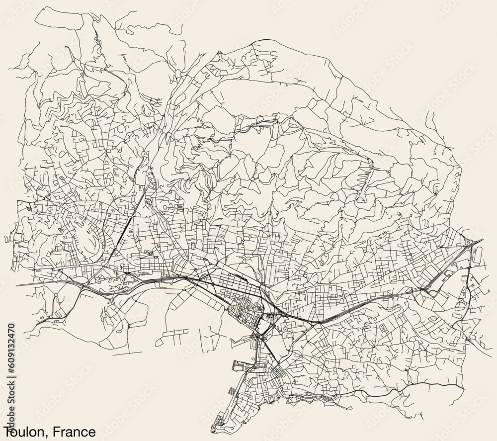 Detailed hand-drawn navigational urban street roads map of the French ...