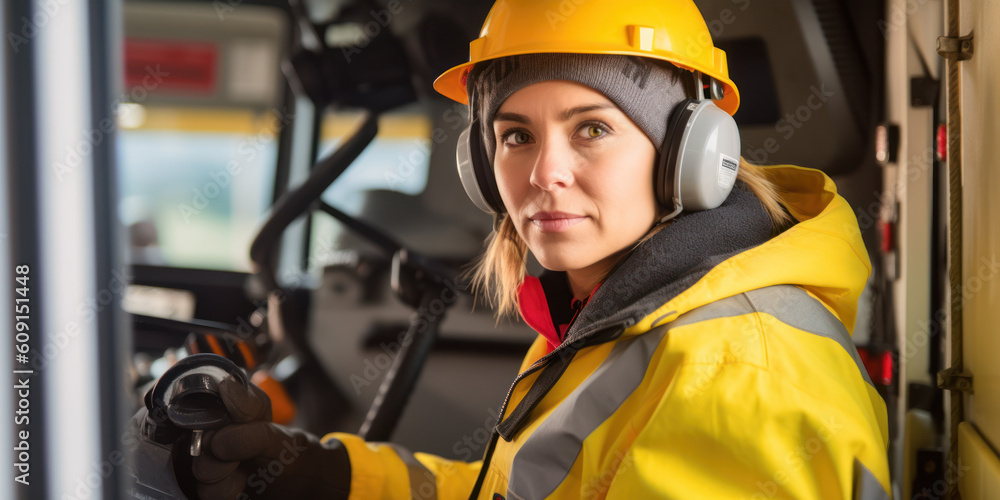 Young woman working on heavy machinery as an industrial crane operator ...