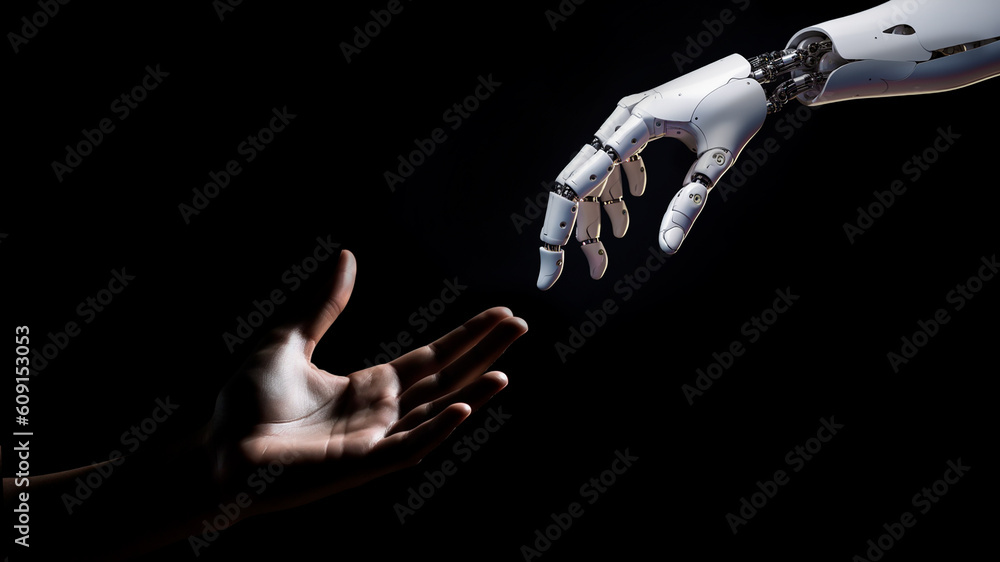 Photo Stock the robot's hand touches the human hand on a black background. the concept of ...