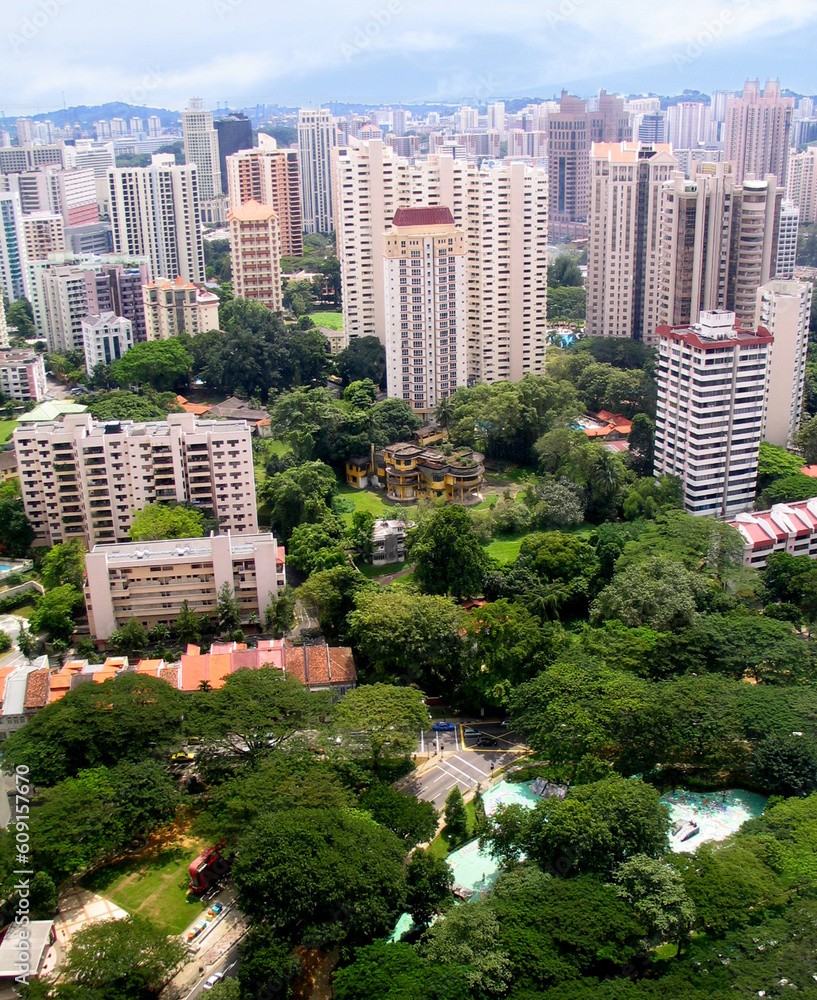 An ariel photograph showing a residential district in Singapore City ...
