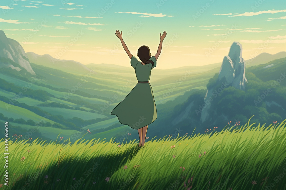 An animated figure is standing atop a grassy hill, overlooking a lush ...