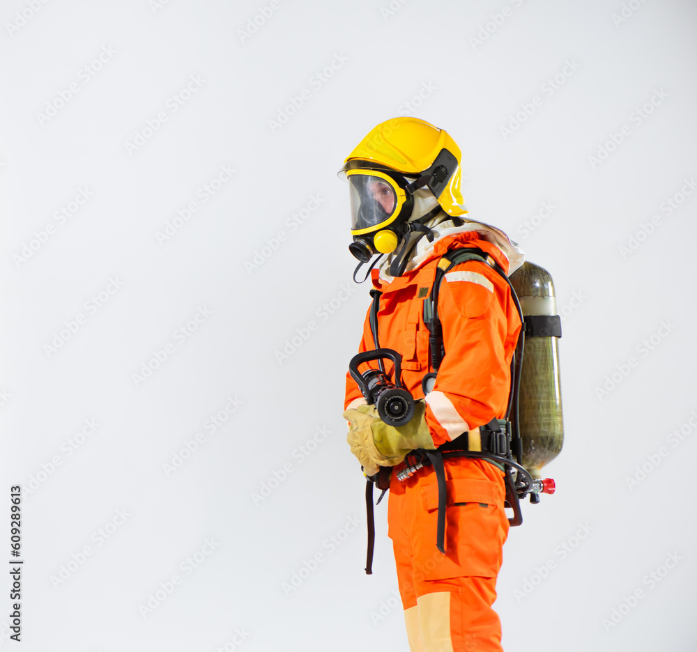 Side view of firefighter firm grip tightly holds the fire hose with ...
