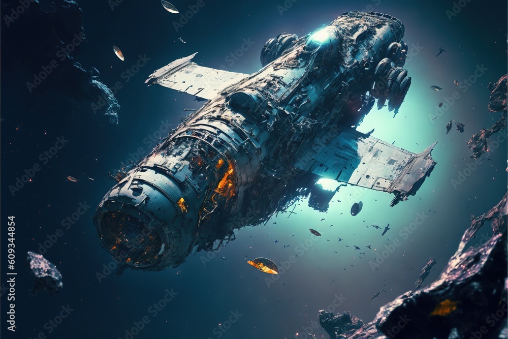 A eerie ghost spaceship soaring through outer space between floating ...