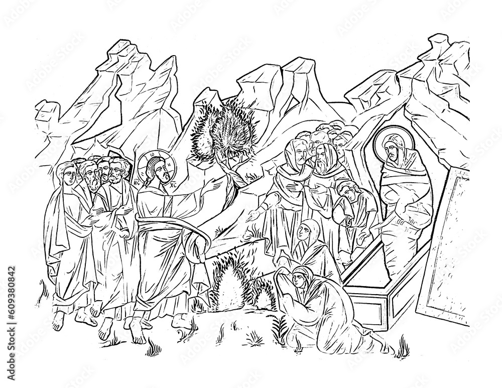 Lazarus of Bethany. Miracles of Jesus. Coloring page on white ...