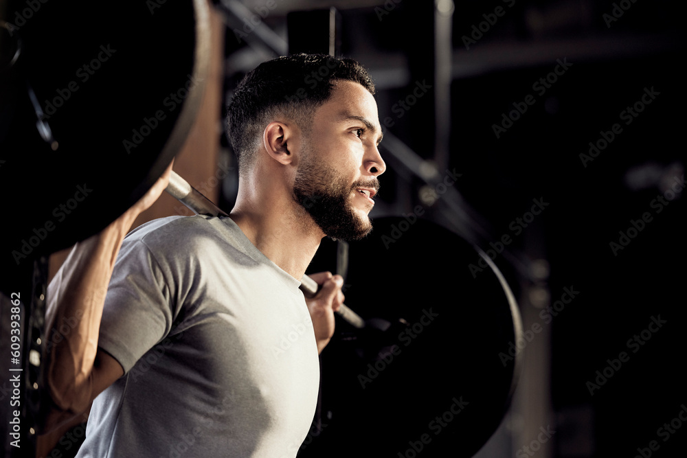 Weightlifting, barbell and workout with man in gym for exercise, strong ...