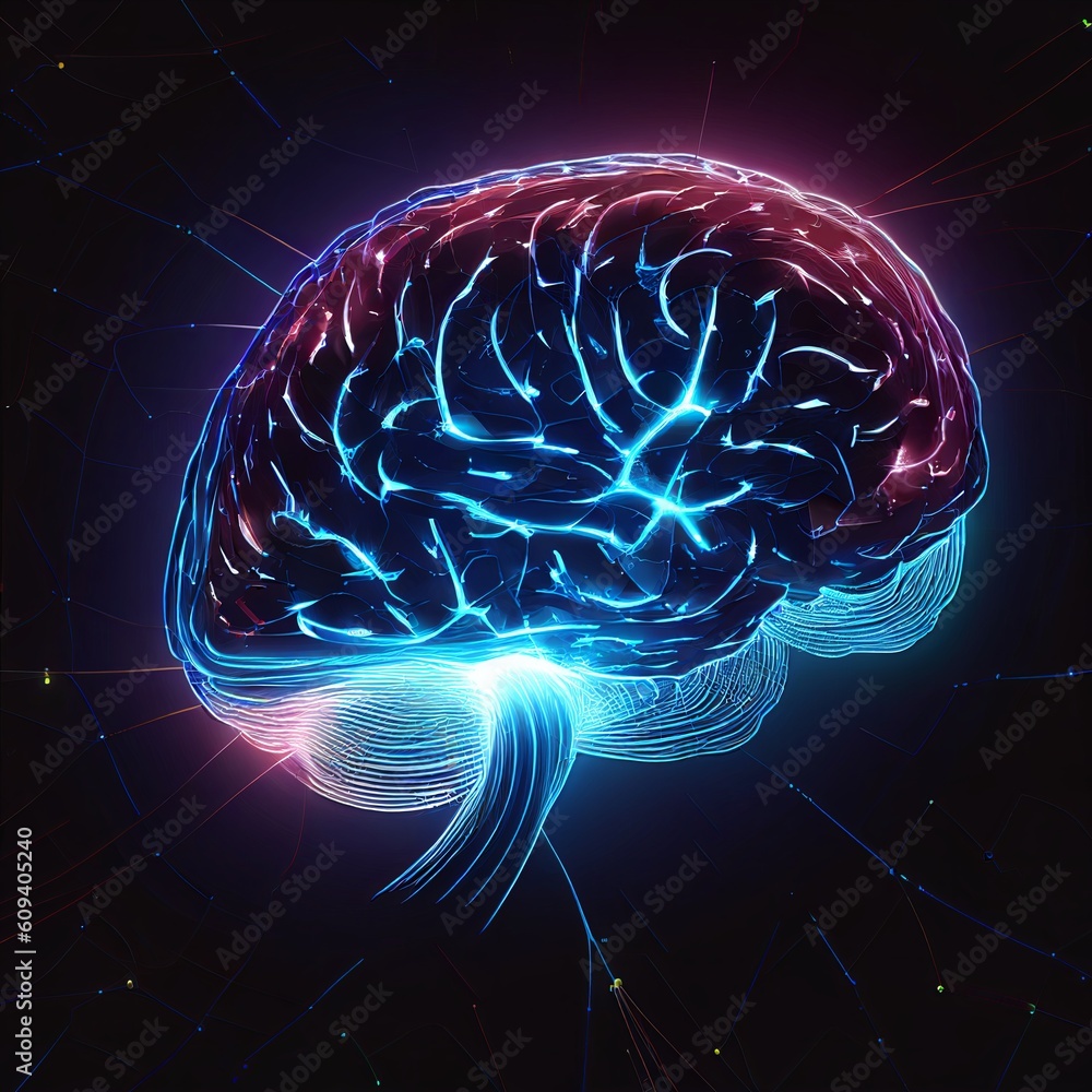 Model of human brain in vibrant colors on dark background. Active parts ...