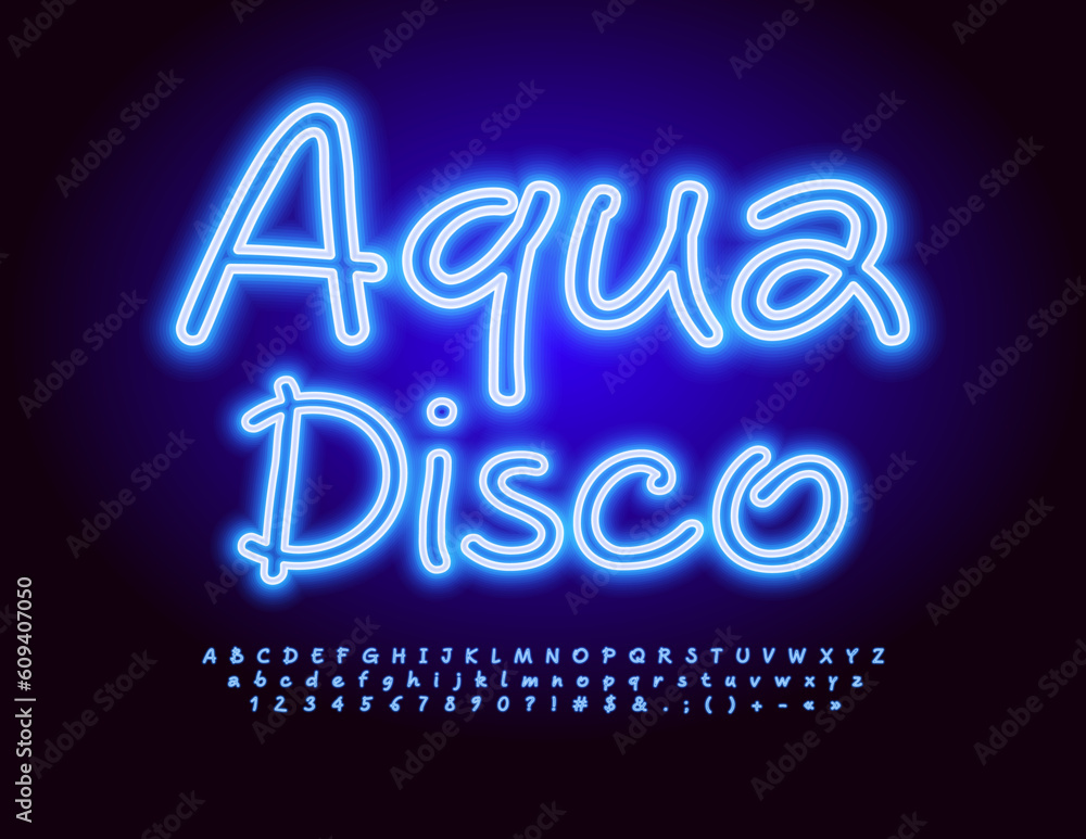 Vector playful Sign Aqua Disco. Bright Glowing Font. Blue Neon Alphabet ...