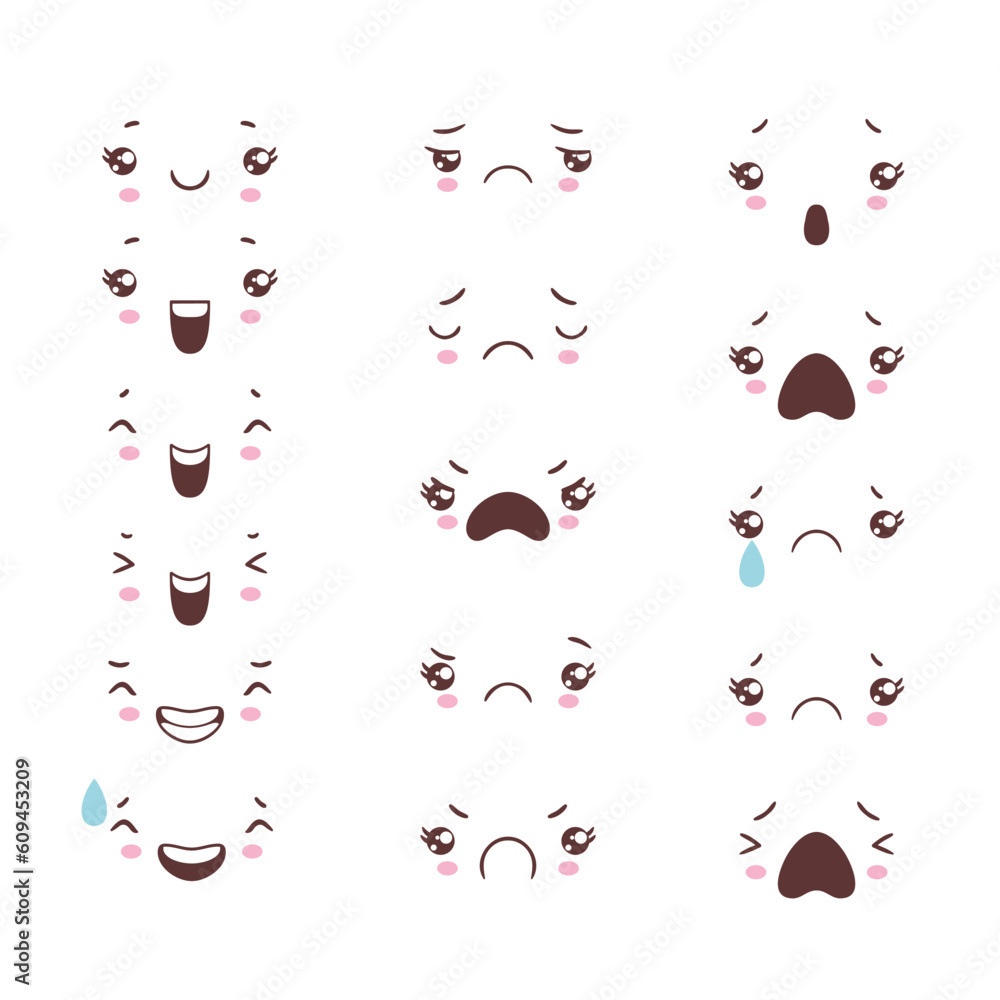 Vector set of cute doodle emoticons with facial expressions. Faces with ...