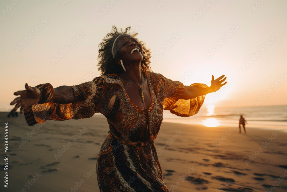 Generative AI illustration of portrait of a happy Older hippie black ...