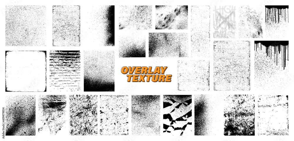 Diverse Overlay Texture graphic set. Halftone stamp, effects: grunge, paper, torn, old, concrete ...