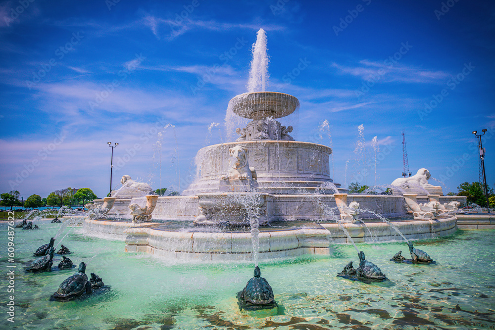 James Scott Memorial Fountain with the water on in late spring at Belle ...
