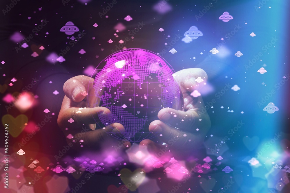 Alien Discovery Concept :Glass ball fortune teller image: hands with ...