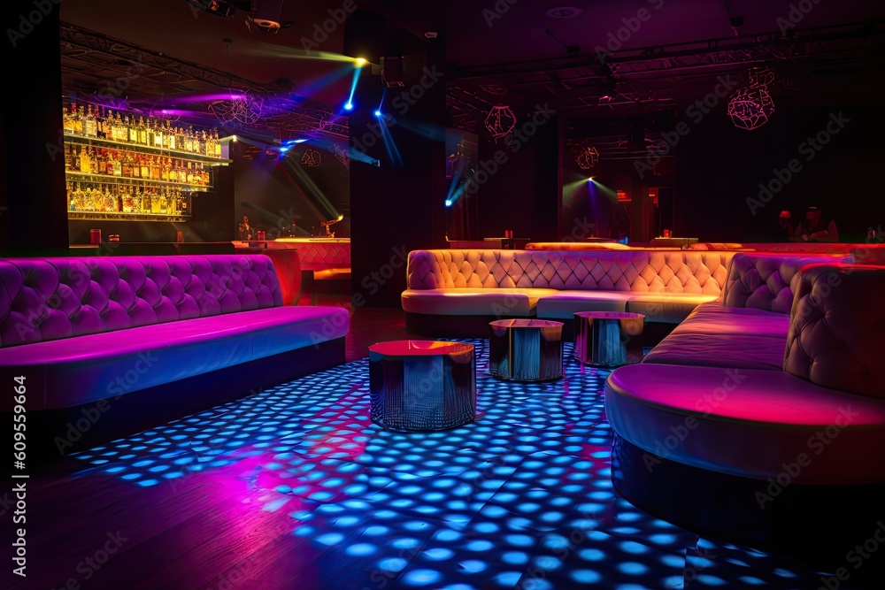 colorful interior of bright and beautiful night club with dark seats ...