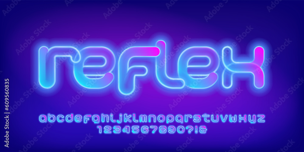 Reflex alphabet font. Neon glow futuristic letters and numbers. Stock ...
