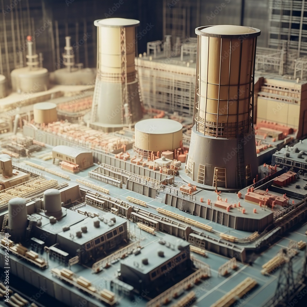 3d illustration. Model of a nuclear power plant. Isometric view ...