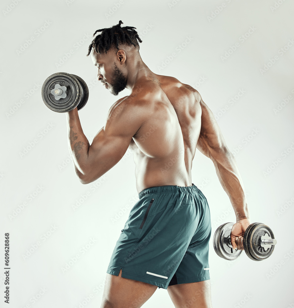 Exercise, strong and black man with dumbbells, workout goal and healthy ...