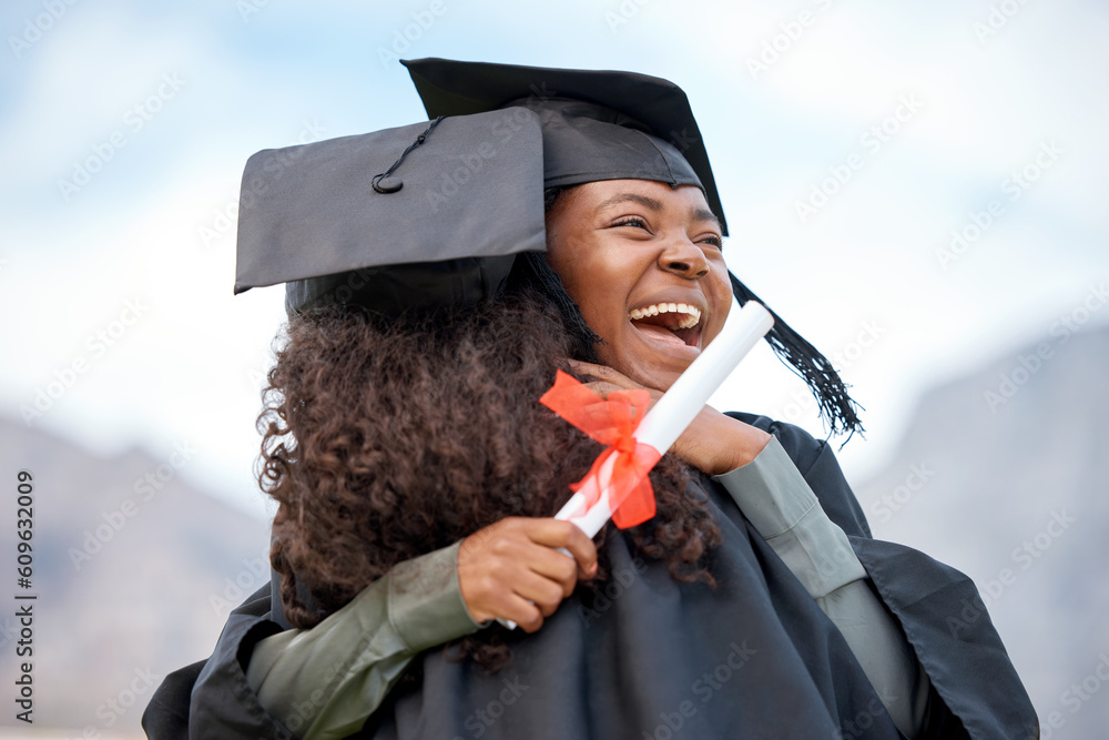 Graduation hug, excited and women with certificate for scholarship ...