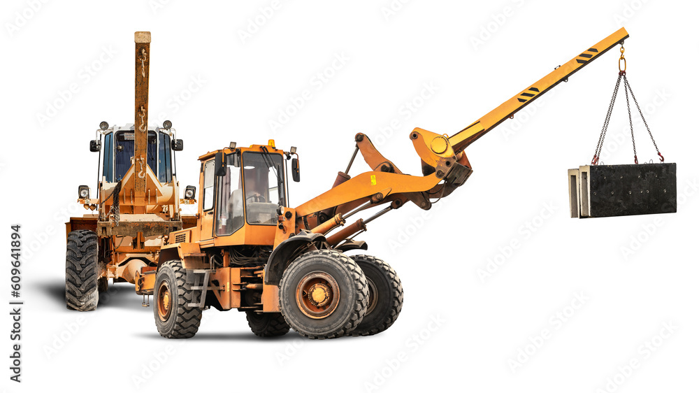 Two powerful wheeled front loaders for transporting bulky goods on a ...