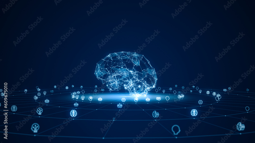 Blue polygon digital brain logo with grid and rotation circle line ...