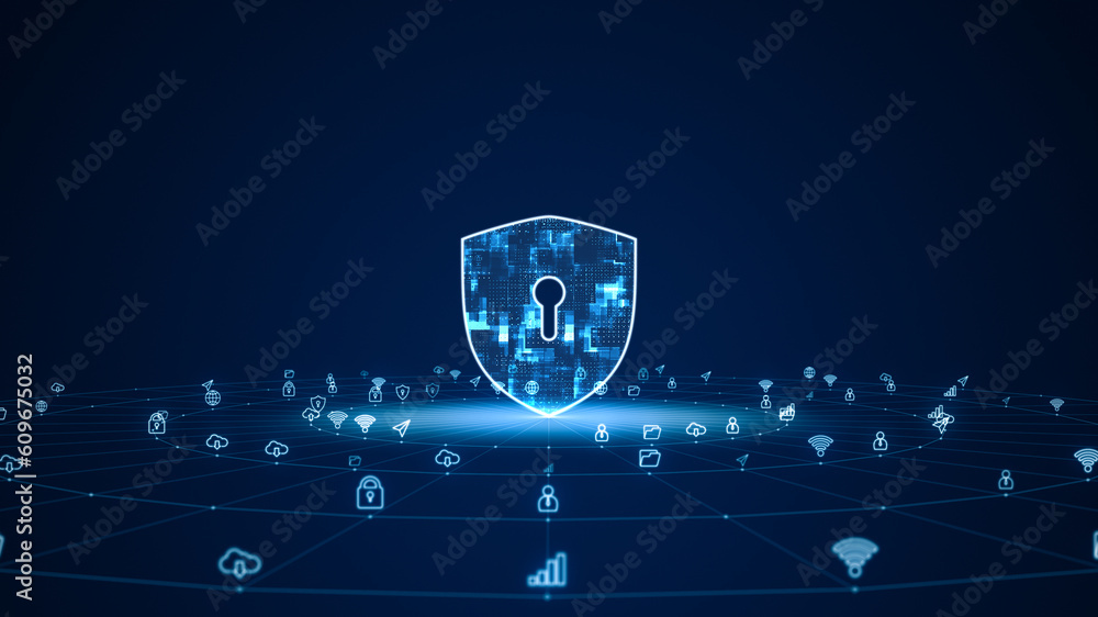Blue digital security shield logo with futuristic technology icon and ...