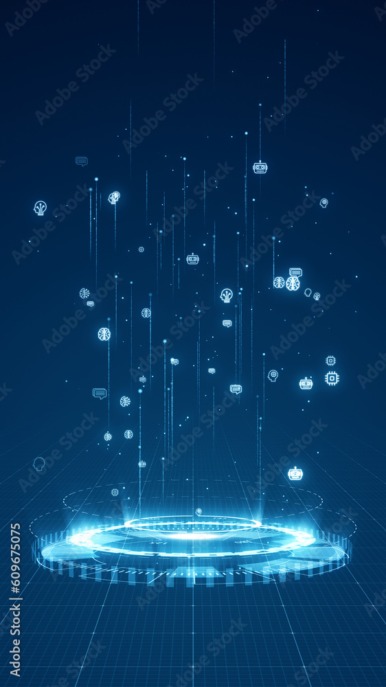 Blue digital robot icon levitation and circle futuristic HUD with Ai ...