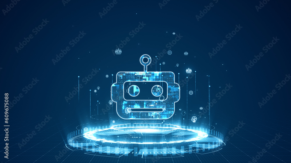 Blue digital robot head logo and circle futuristic HUD with Ai chatbot ...