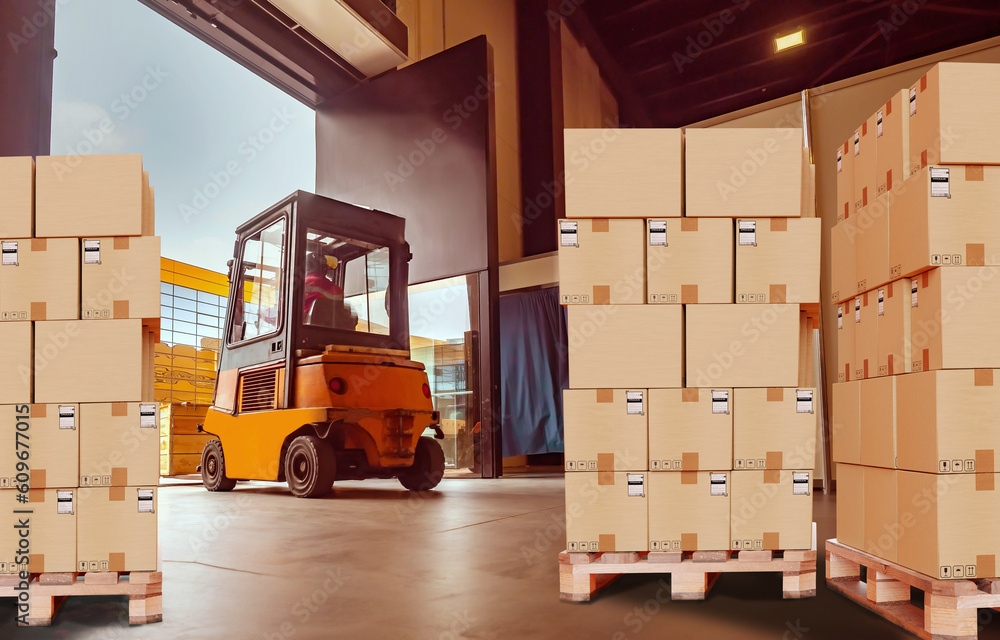 Warehouse center. Pallets with boxes in building. Forklift inside ...