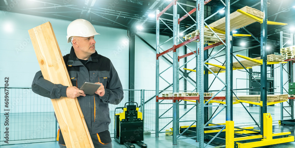 Warehouse worker. Man with boards. Lumber storage. Boards are stored on ...