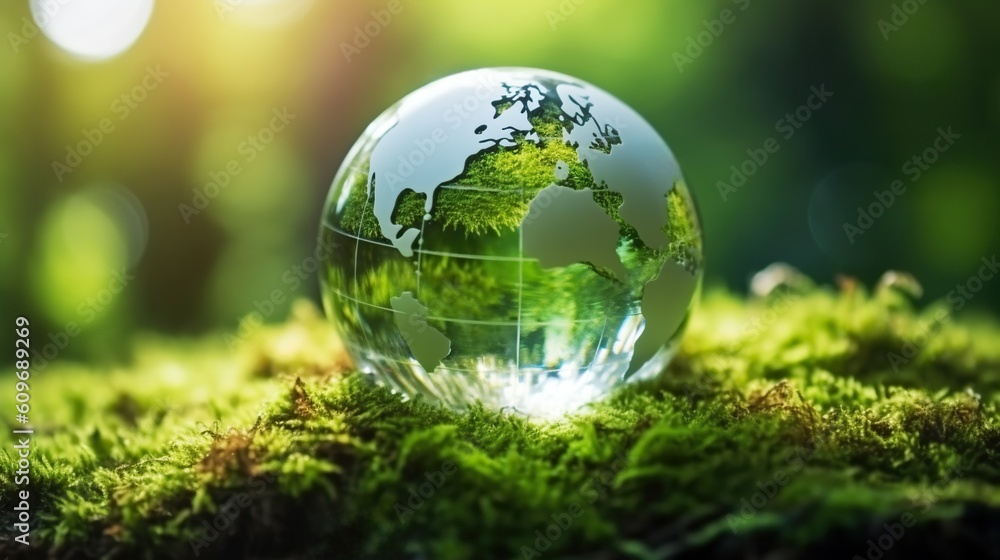 Crystal planet Earth, glass globe reflecting lush green grass and ...