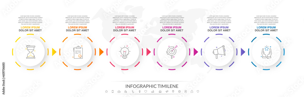 Business vector infographics with six circles and arrows. Timeline ...