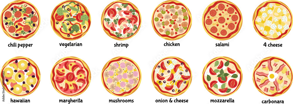 Cartoon italian pizza top view. Pizzas different ingredients set ...
