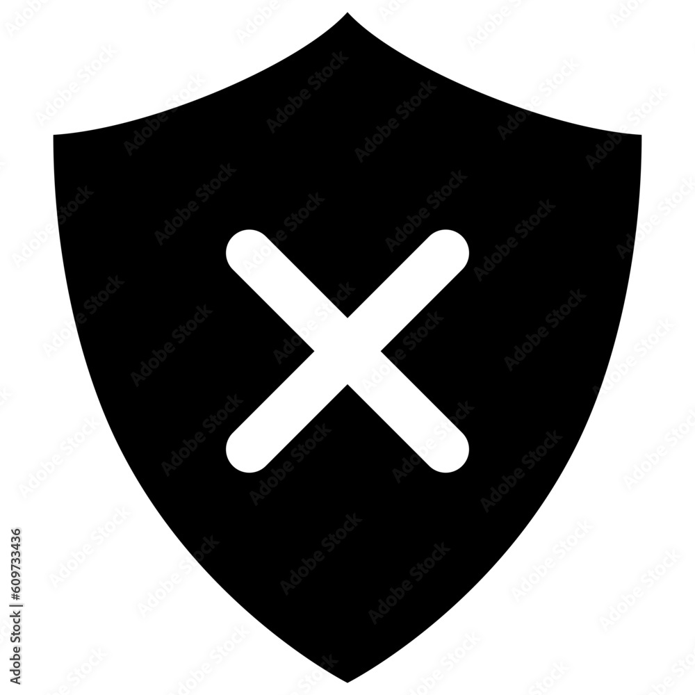 Soiled black shield shape icon with insecure crossmark x, simple not ...