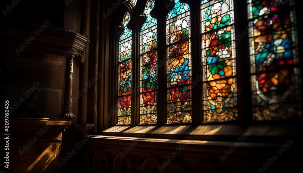 Medieval Gothic architecture illuminates stained glass windows of ...