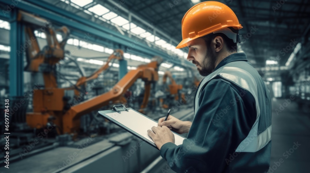 Hispanic engineer male writing checklist with serious looking, standing ...