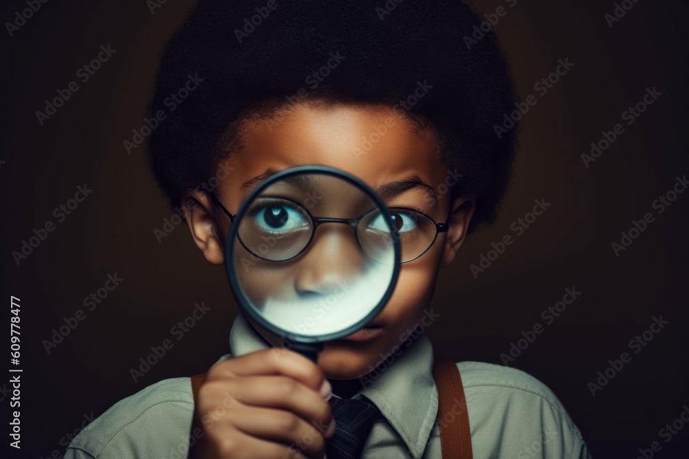 Boy with a magnifying glass. Investigation concept. AI generated, human ...