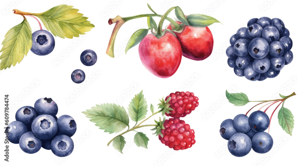 vibrant berry collection in watercolor style, isolated on a transparent ...