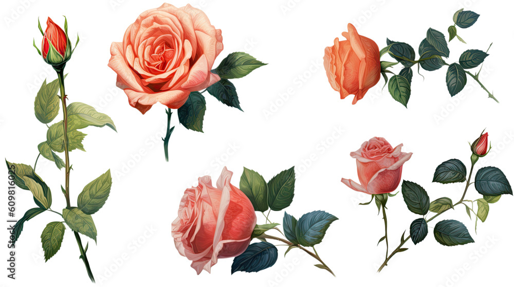 roses in various sizes and positions isolated on a transparent ...