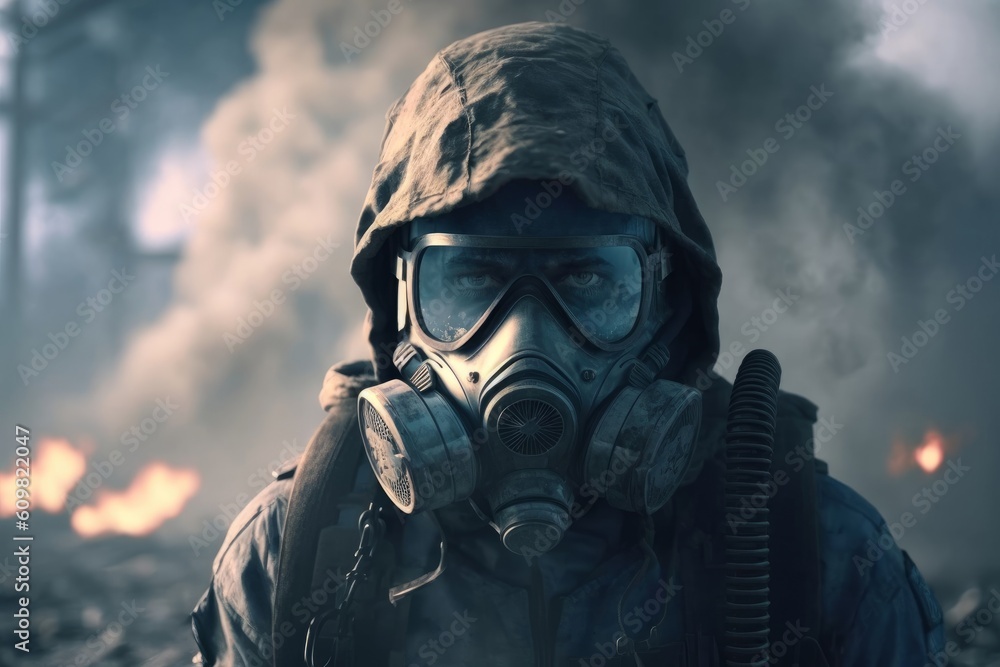 a man in a gas mask, power-plant shrouded in smoke, in a dangerous ...