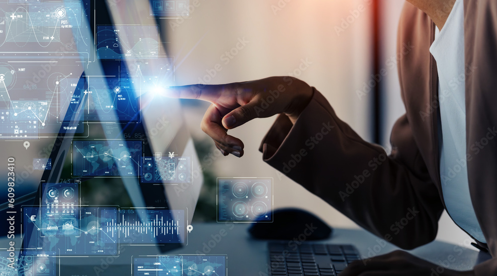 Black woman working in office and digital technology concept. ICT ...