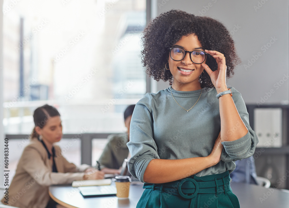 Leadership, portrait and black woman with arms crossed in office for ...