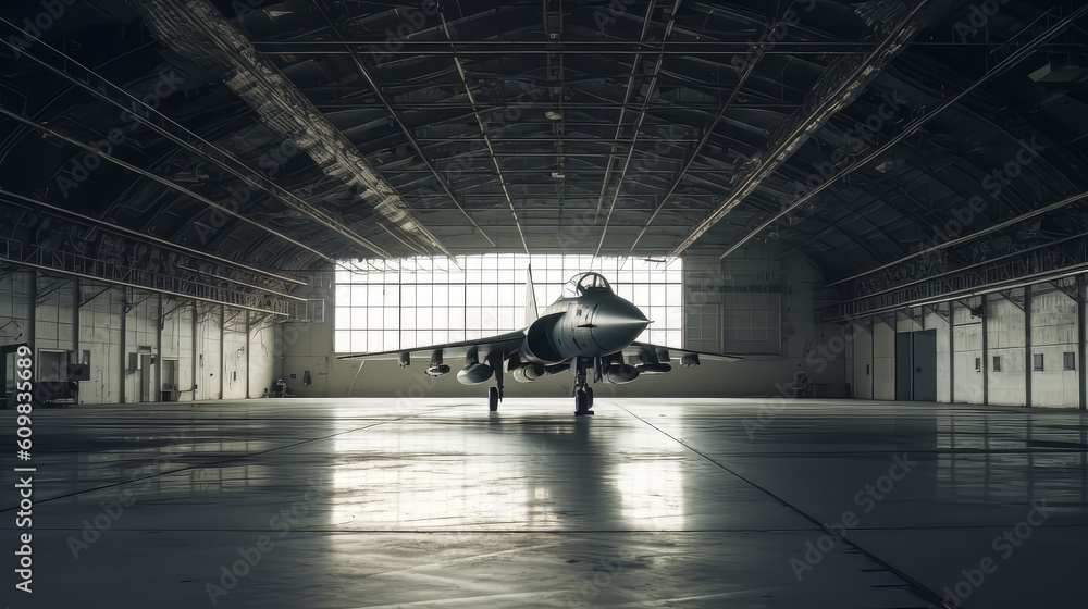 interior view of a generic military fighter jet parked inside a ...