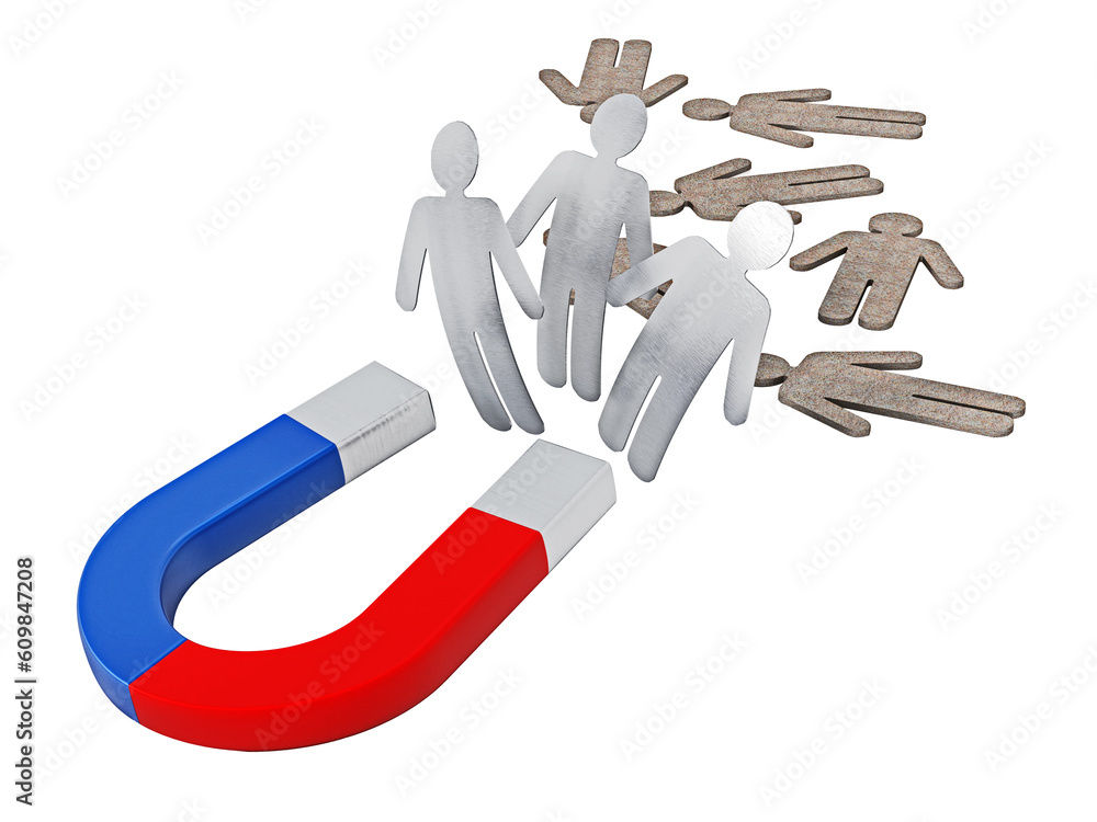 Horseshoe magnet pulling metal figures on transparent background. 3D ...