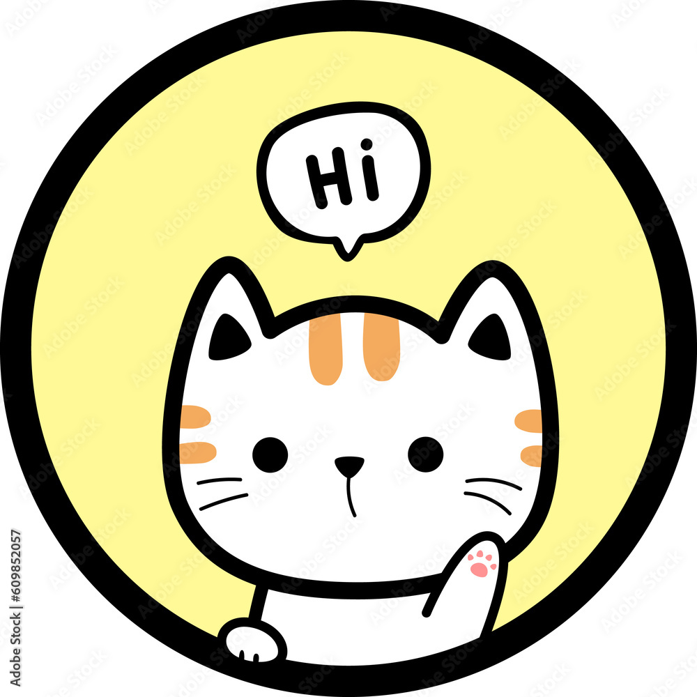 cute cat say hi with round background flat cartoon illustration Stock ...